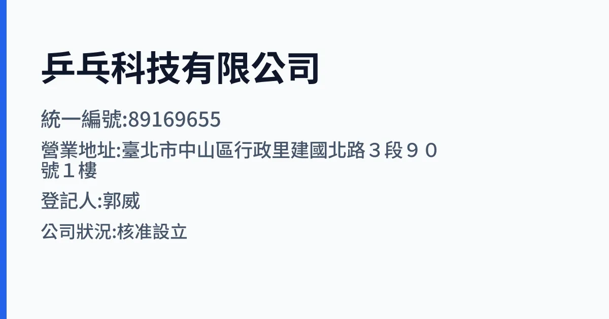 乒乓科技有限公司 - 統編 89169655(臺北市) 公司登記資料與營業項目詳細圖表