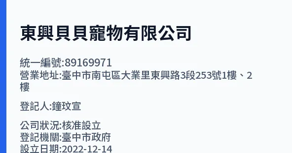 東興貝貝寵物有限公司的照片-統編 89169971(臺中市) 公司登記資料與營業項目詳細圖表