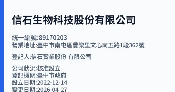 信石生物科技股份有限公司的照片-統編 89170203(臺中市) 公司登記資料與營業項目詳細圖表