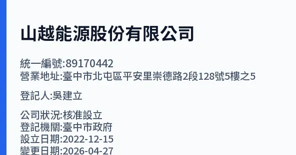 山越能源股份有限公司的照片-統編 89170442(臺中市) 公司登記資料與營業項目詳細圖表