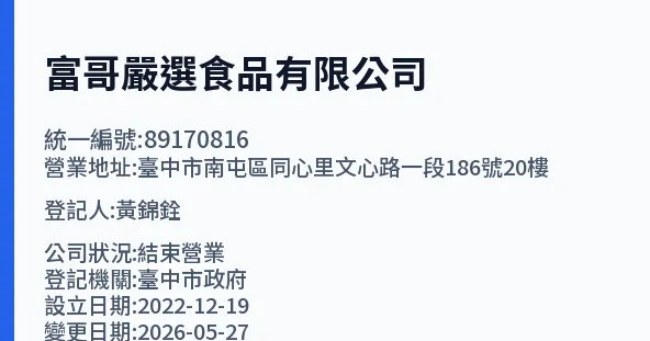富哥嚴選食品有限公司的照片-統編 89170816(臺中市) 公司登記資料與營業項目詳細圖表