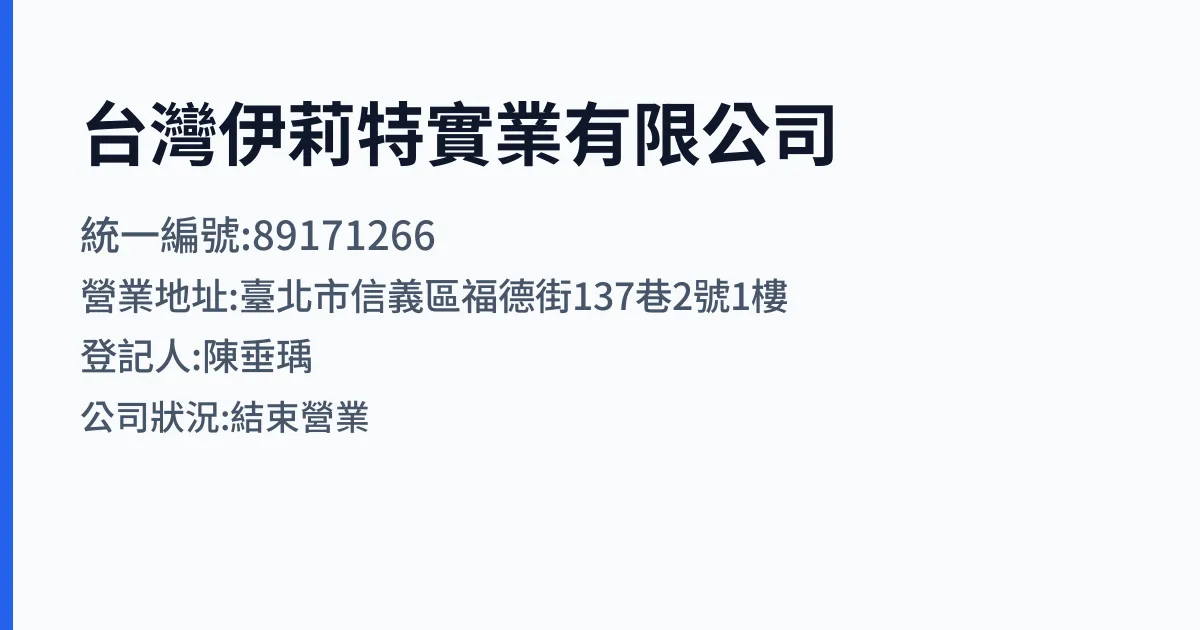 台灣伊莉特實業有限公司 - 統編 89171266(臺北市) 公司登記資料與營業項目詳細圖表