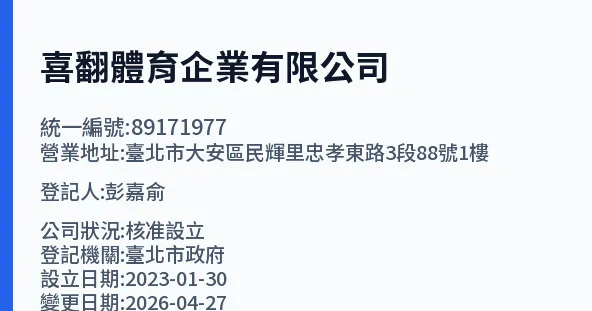 喜翻體育企業有限公司的照片-統編 89171977(臺北市) 公司登記資料與營業項目詳細圖表