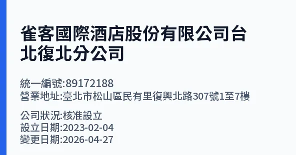 雀客國際酒店股份有限公司台北復北分公司的照片-統編 89172188(臺北市) 公司登記資料與營業項目詳細圖表