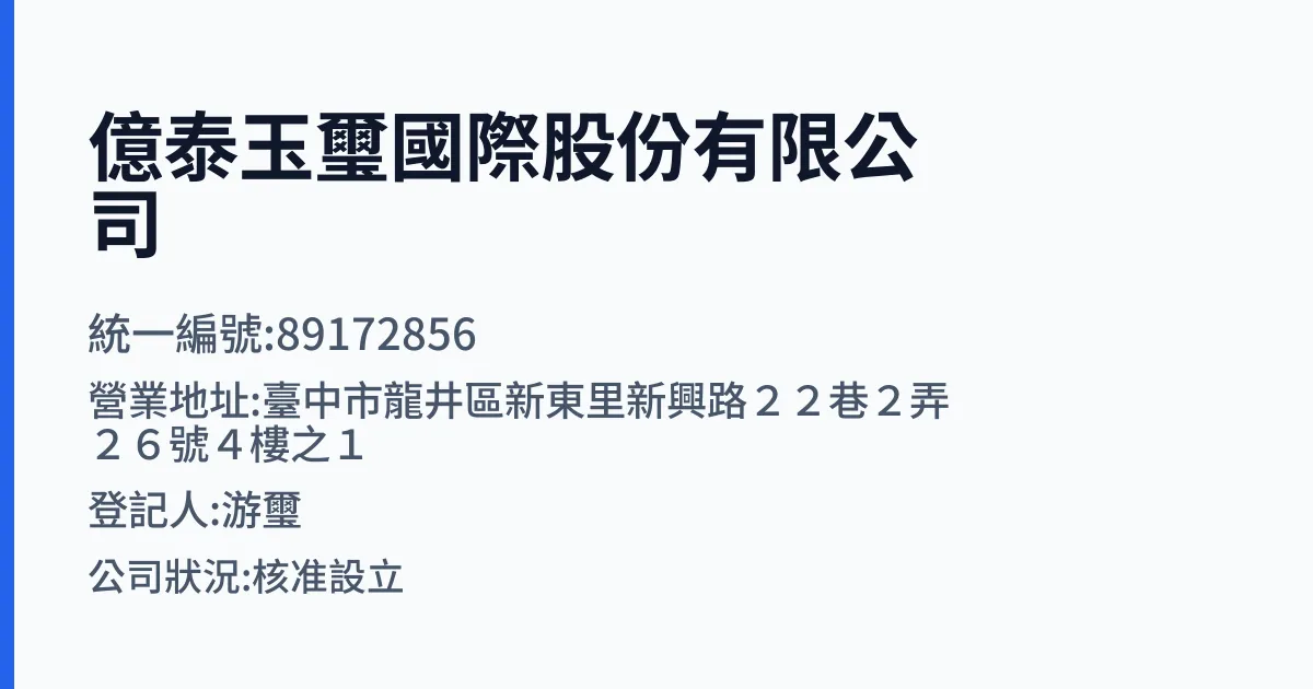 億泰玉璽國際股份有限公司 - 統編 89172856(臺中市) 公司登記資料與營業項目詳細圖表