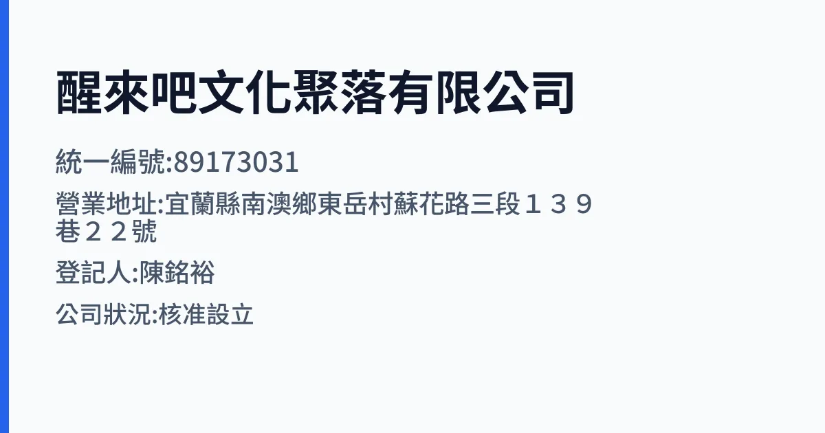 醒來吧文化聚落有限公司 - 統編 89173031(宜蘭縣) 公司登記資料與營業項目詳細圖表