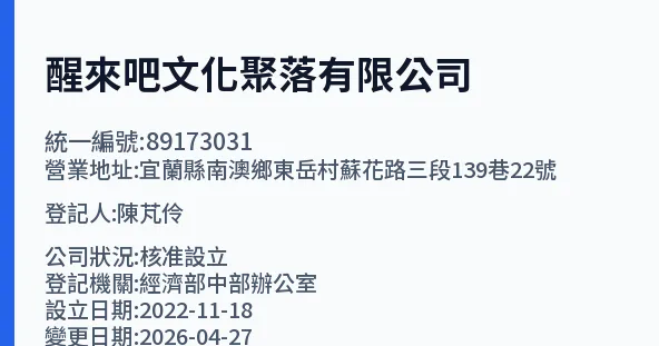 醒來吧文化聚落有限公司的照片-統編 89173031(宜蘭縣) 公司登記資料與營業項目詳細圖表