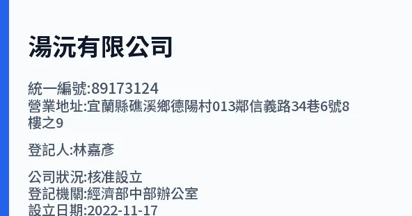 湯沅有限公司的照片-統編 89173124(宜蘭縣) 公司登記資料與營業項目詳細圖表