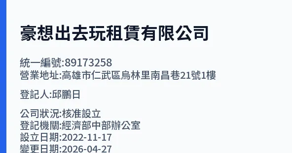 豪想出去玩租賃有限公司的照片-統編 89173258(高雄市) 公司登記資料與營業項目詳細圖表