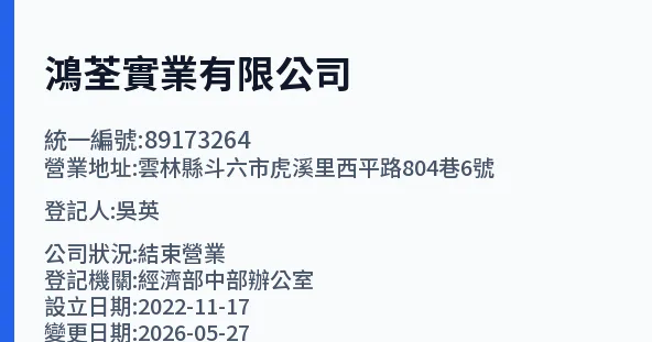 鴻荃實業有限公司的照片-統編 89173264(雲林縣) 公司登記資料與營業項目詳細圖表