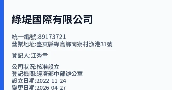 綠堤國際有限公司的照片-統編 89173721(臺東縣) 公司登記資料與營業項目詳細圖表