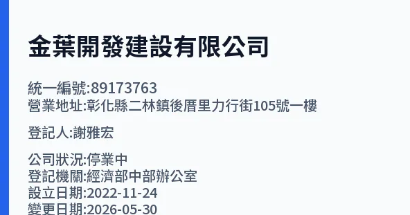 金葉開發建設有限公司的照片-統編 89173763(彰化縣) 公司登記資料與營業項目詳細圖表