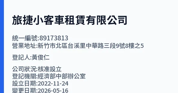 旅捷小客車租賃有限公司的照片-統編 89173813(新竹市) 公司登記資料與營業項目詳細圖表