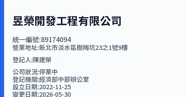 昱榮開發工程有限公司的照片-統編 89174094(新北市) 公司登記資料與營業項目詳細圖表
