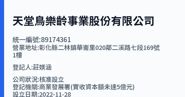 天堂鳥樂齡事業股份有限公司的照片-統編 89174361(彰化縣) 公司登記資料與營業項目詳細圖表