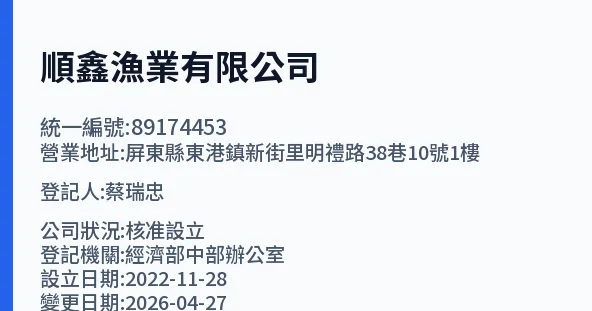 順鑫漁業有限公司的照片-統編 89174453(屏東縣) 公司登記資料與營業項目詳細圖表