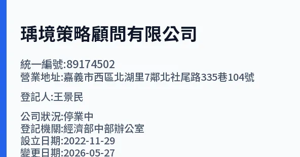 瑀境策略顧問有限公司的照片-統編 89174502(嘉義市) 公司登記資料與營業項目詳細圖表