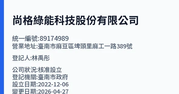 尚格綠能科技股份有限公司的照片-統編 89174989(臺南市) 公司登記資料與營業項目詳細圖表