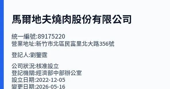 馬爾地夫燒肉股份有限公司的照片-統編 89175220(新竹市) 公司登記資料與營業項目詳細圖表