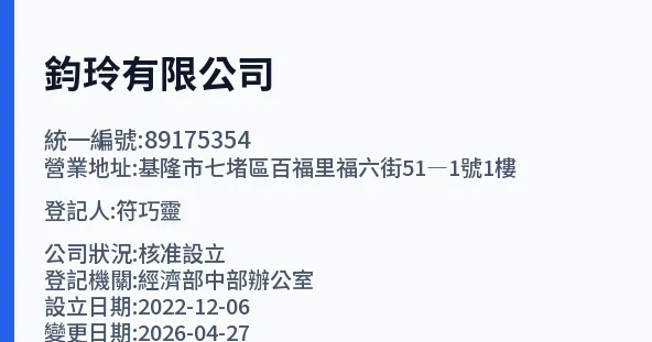 鈞玲有限公司的照片-統編 89175354(基隆市) 公司登記資料與營業項目詳細圖表