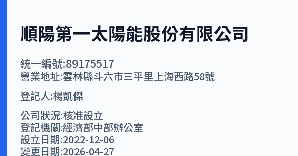 順陽第一太陽能股份有限公司的照片-統編 89175517(雲林縣) 公司登記資料與營業項目詳細圖表