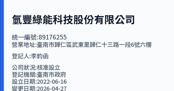 氫豐綠能科技股份有限公司的照片-統編 89176255(臺南市) 公司登記資料與營業項目詳細圖表