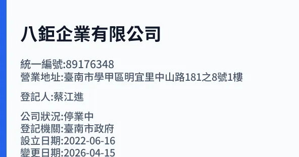 八鉅企業有限公司的照片-統編 89176348(臺南市) 公司登記資料與營業項目詳細圖表