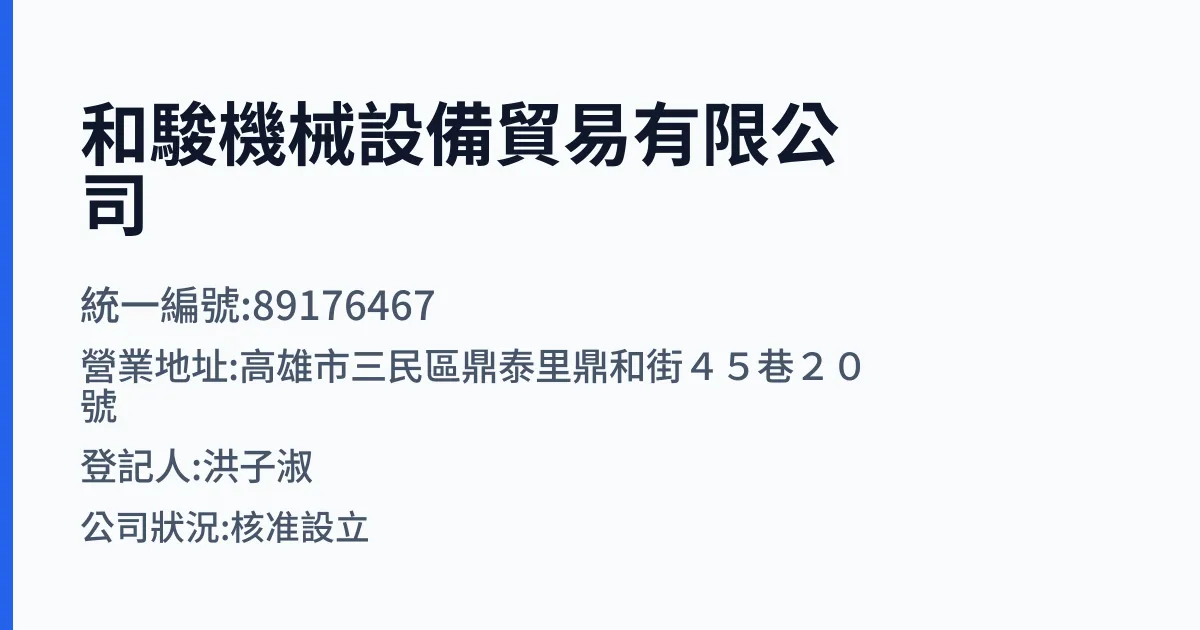 和駿機械設備貿易有限公司 - 統編 89176467（臺南市） 公司登記資料與營業項目詳細圖表