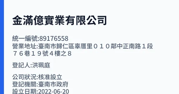 金滿億實業有限公司的照片-統編 89176558(臺南市) 公司登記資料與營業項目詳細圖表