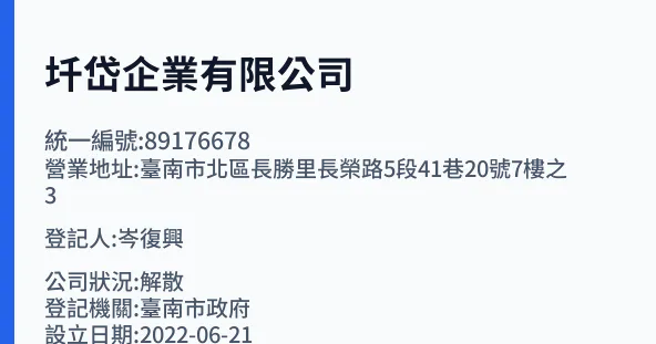 圲岱企業有限公司的照片-統編 89176678(臺南市) 公司登記資料與營業項目詳細圖表