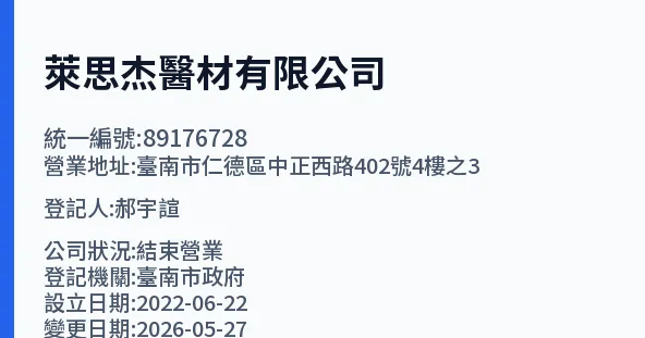 萊思杰醫材有限公司的照片-統編 89176728(臺南市) 公司登記資料與營業項目詳細圖表