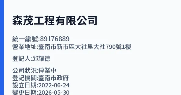 森茂工程有限公司的照片-統編 89176889(臺南市) 公司登記資料與營業項目詳細圖表