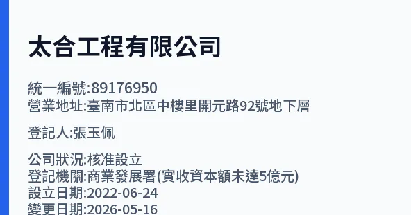 太合工程有限公司的照片-統編 89176950(臺南市) 公司登記資料與營業項目詳細圖表