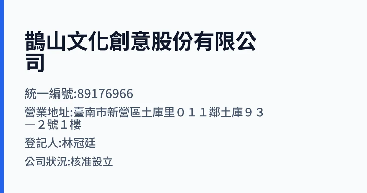 鵲山文化創意股份有限公司 - 統編 89176966(臺南市) 公司登記資料與營業項目詳細圖表