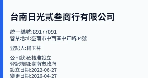 台南日光貳叁商行有限公司的照片-統編 89177091(臺南市) 公司登記資料與營業項目詳細圖表