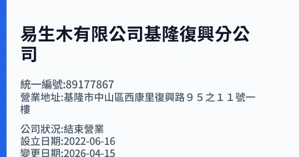 易生木有限公司基隆復興分公司的照片-統編 89177867(基隆市) 公司登記資料與營業項目詳細圖表