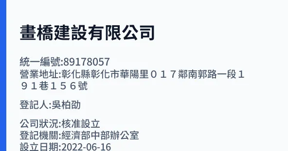 畫橋建設有限公司的照片-統編 89178057(彰化縣) 公司登記資料與營業項目詳細圖表