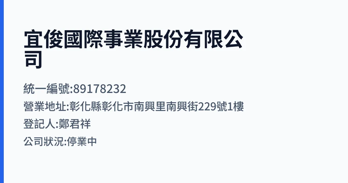 宜俊國際事業股份有限公司 - 統編 89178232(彰化縣) 公司登記資料與營業項目詳細圖表
