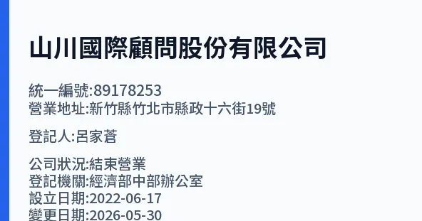 山川國際顧問股份有限公司的照片-統編 89178253(新竹縣) 公司登記資料與營業項目詳細圖表