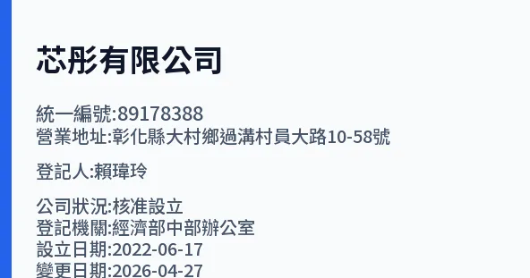 芯彤有限公司的照片-統編 89178388(彰化縣) 公司登記資料與營業項目詳細圖表