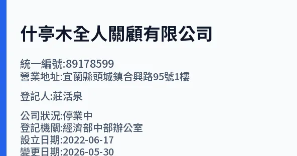 什亭木全人關顧有限公司的照片-統編 89178599(宜蘭縣) 公司登記資料與營業項目詳細圖表
