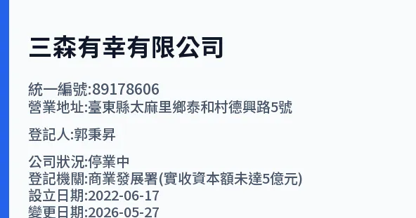 三森有幸有限公司的照片-統編 89178606(臺東縣) 公司登記資料與營業項目詳細圖表