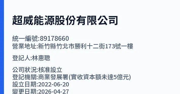 超威能源股份有限公司的照片-統編 89178660(新竹縣) 公司登記資料與營業項目詳細圖表