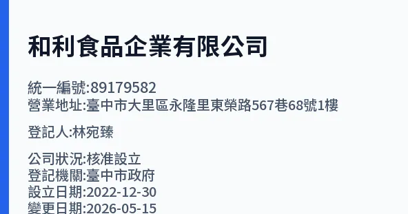 和利食品企業有限公司的照片-統編 89179582(臺中市) 公司登記資料與營業項目詳細圖表