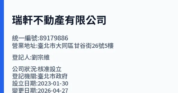 瑞軒不動產有限公司的照片-統編 89179886(臺北市) 公司登記資料與營業項目詳細圖表