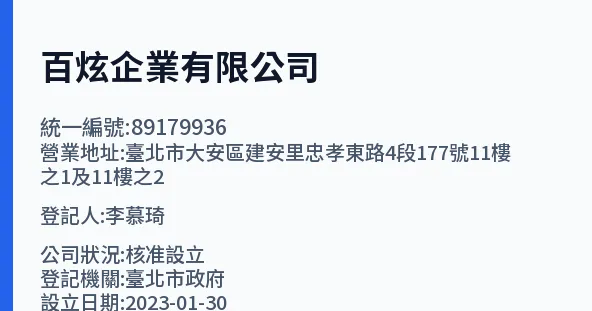 百炫企業有限公司的照片-統編 89179936(臺北市) 公司登記資料與營業項目詳細圖表