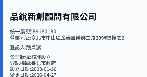品銳新創顧問有限公司的照片-統編 89180130(臺北市) 公司登記資料與營業項目詳細圖表