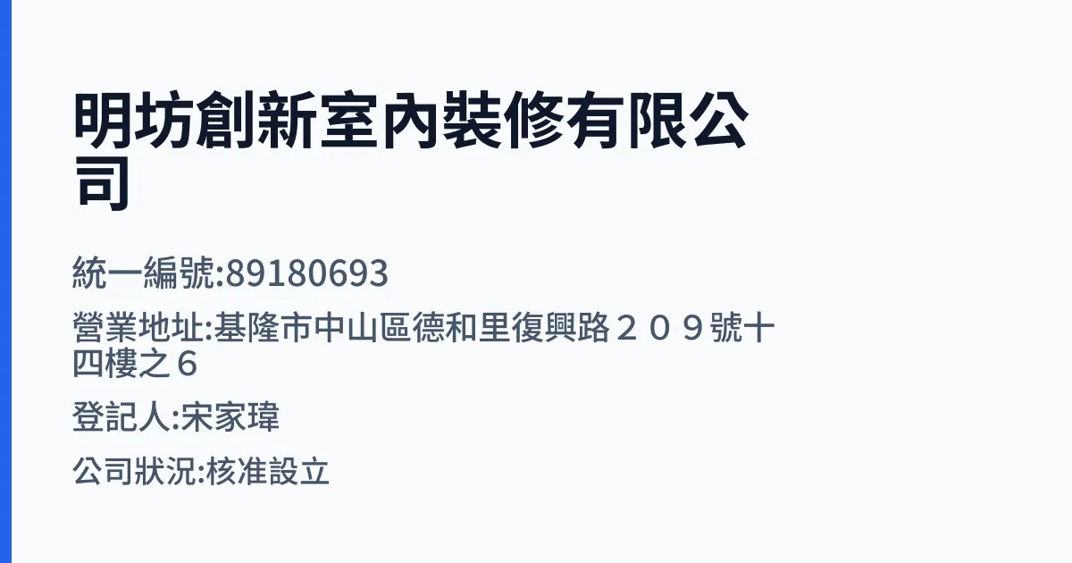 明坊創新室內裝修有限公司 - 統編 89180693(基隆市) 公司登記資料與營業項目詳細圖表