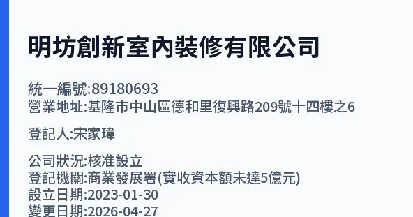 明坊創新室內裝修有限公司的照片-統編 89180693(基隆市) 公司登記資料與營業項目詳細圖表