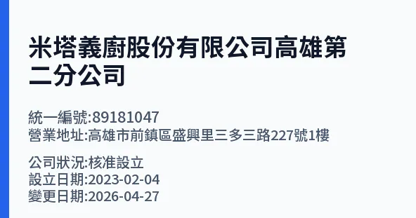 米塔義廚股份有限公司高雄第二分公司的照片-統編 89181047(高雄市) 公司登記資料與營業項目詳細圖表